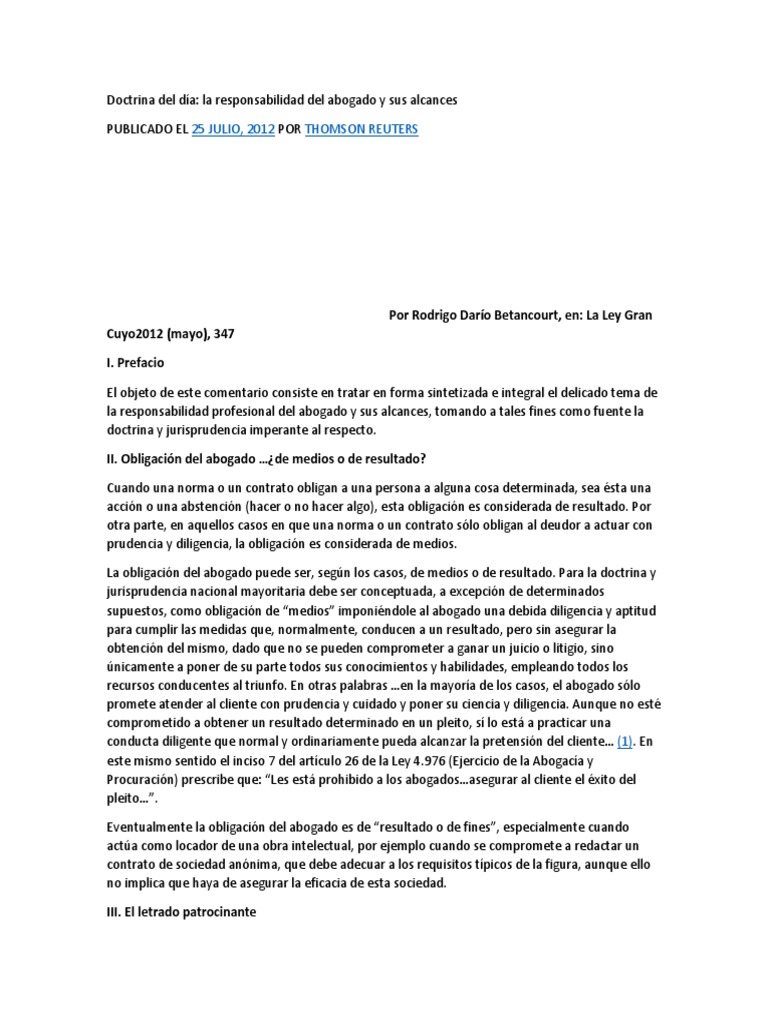 La Responsabilidad Del Abogado Pdf Ley Procesal Caso De Ley