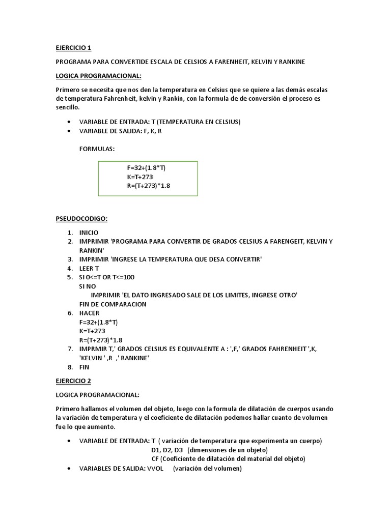 Ejercicio 1 | PDF | Celsius | Fahrenheit