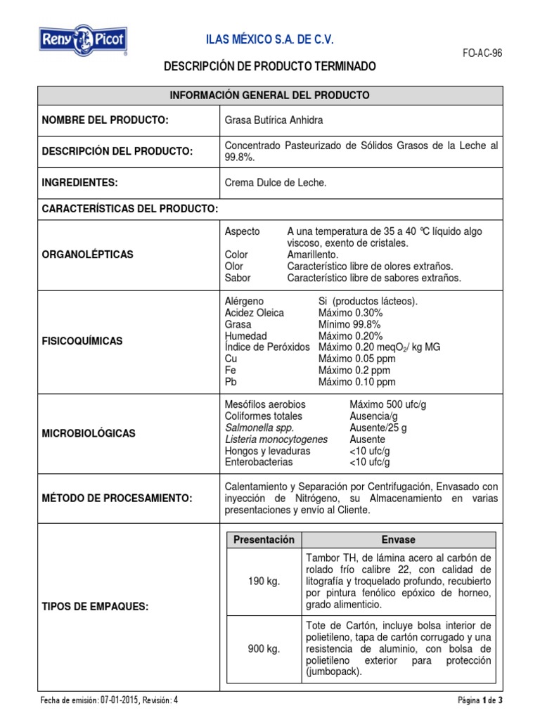 Grasa Butírica Anhidra: Descripción y Usos | PDF | Leche | Productos ...