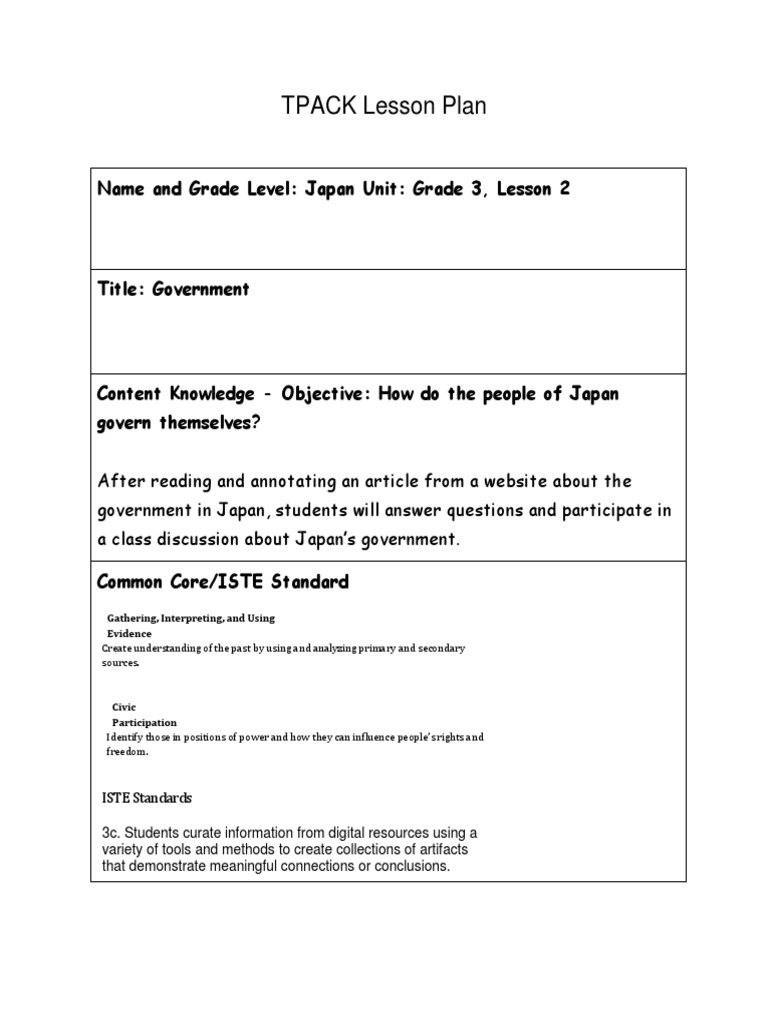 TPACK Lesson Plan: Name and Grade Level: Japan Unit: Grade 3, Lesson 2 ...