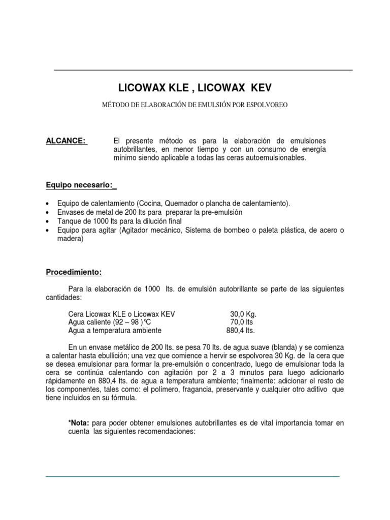 Procedimiento para Emulsificar La Licowax KLE | PDF | Agua | Sustancias ...