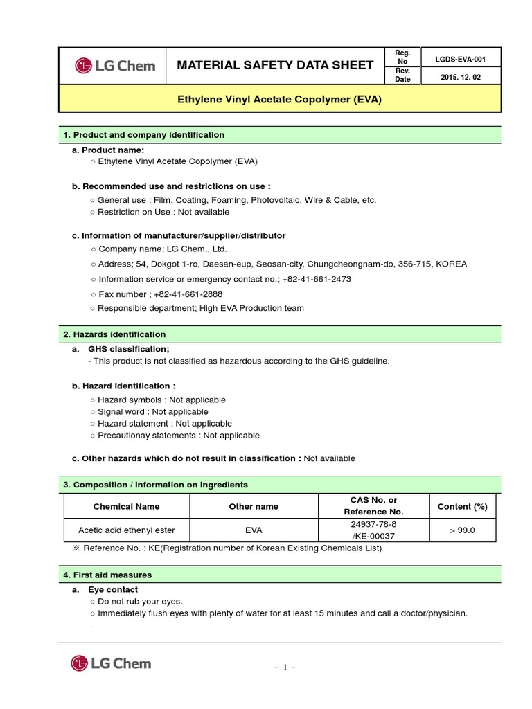 LG Eva MSDS | PDF | Dangerous Goods | Toxicity