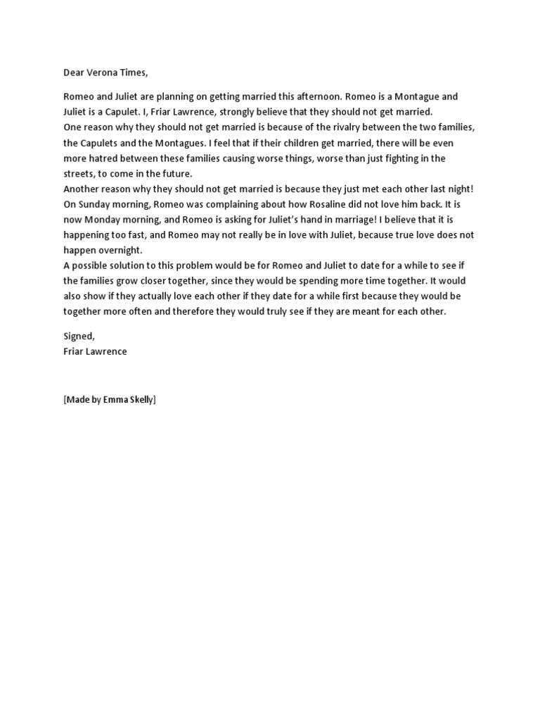 Romeo and Juliet Letter To The Editor | PDF