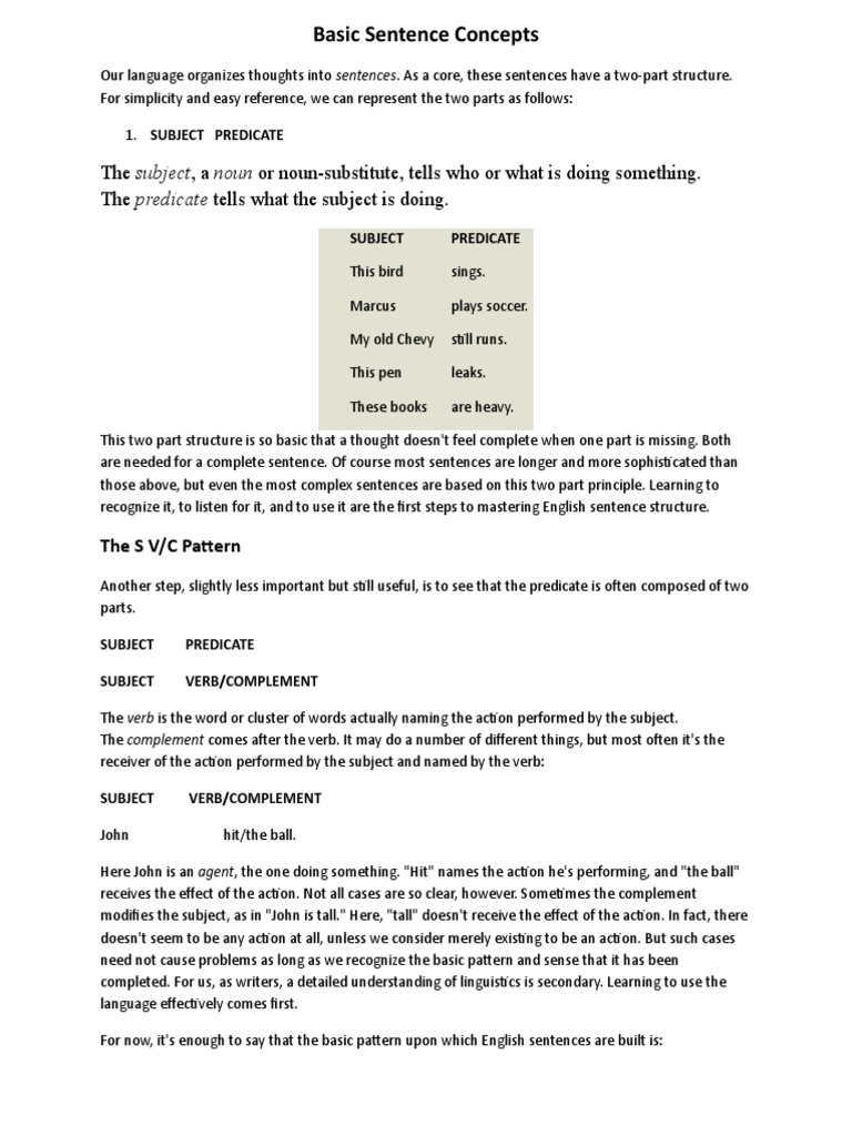 Basic Sentence Concepts | PDF | Subject (Grammar) | Sentence (Linguistics)