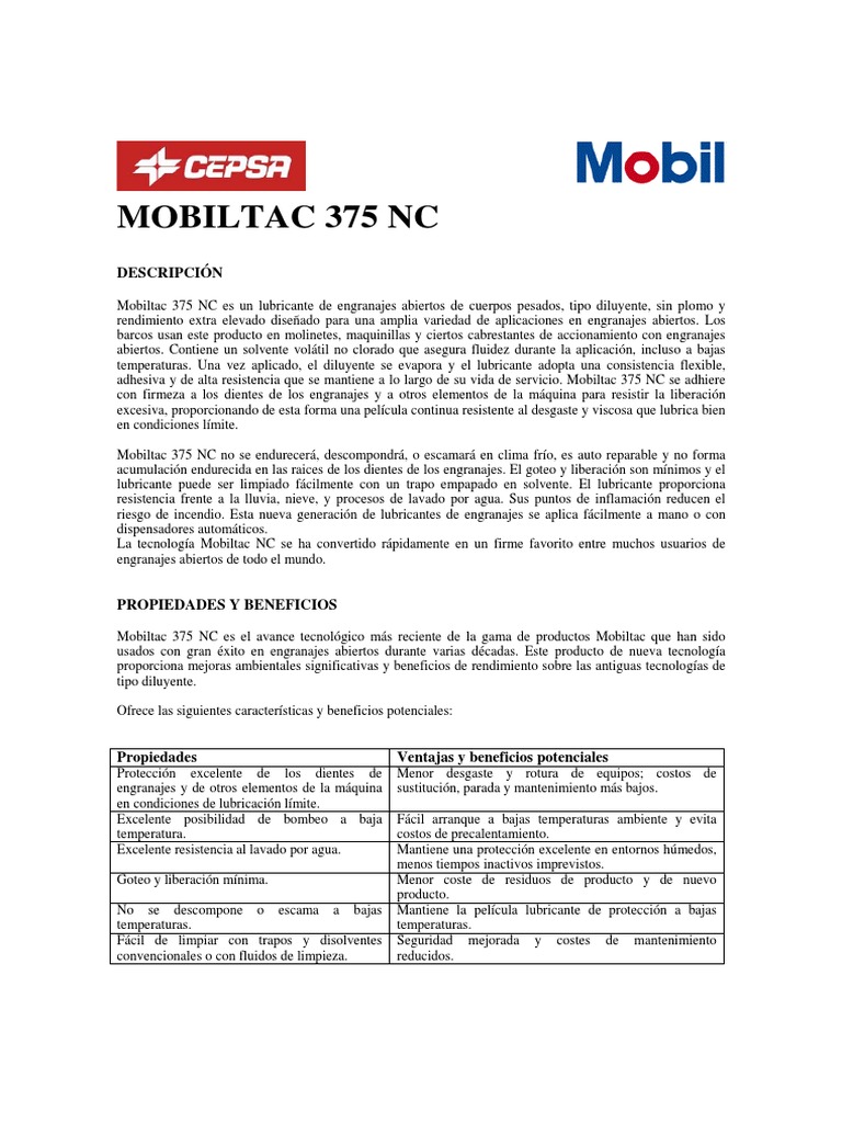 Lubricante Mobiltac 375 NC para Engranajes | PDF | Engranaje | Solvente