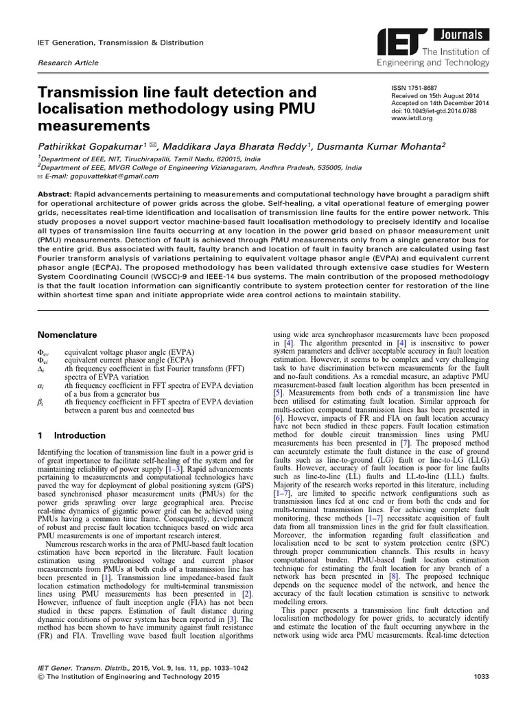 Transmission Line Fault Detection And Localisation Methodology Using Pmu Measurements Pdf