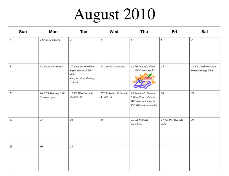 August 2010 School Events Calendar | PDF