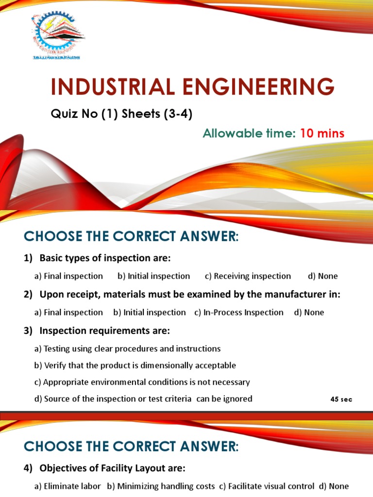 Industrial Engineering: Quiz No (1) Sheets (3-4) | PDF