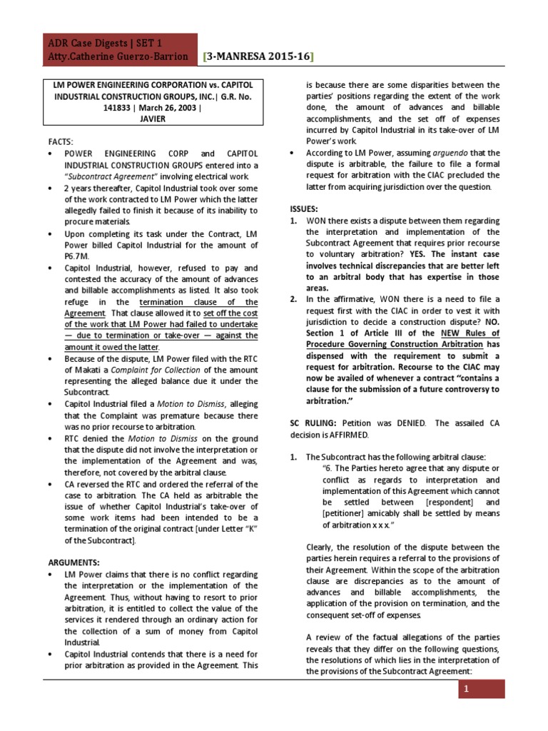 ADR Case Digests First Set | PDF | Arbitration | Unfair Labor Practice