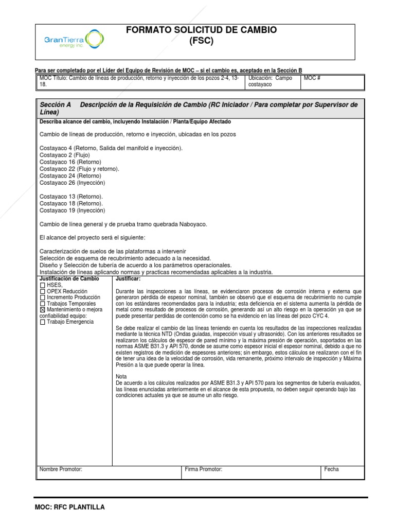 MOC Template - RFC Form r0 (Spanish Version) | PDF | Corriente eléctrica | Tubería (transporte ...