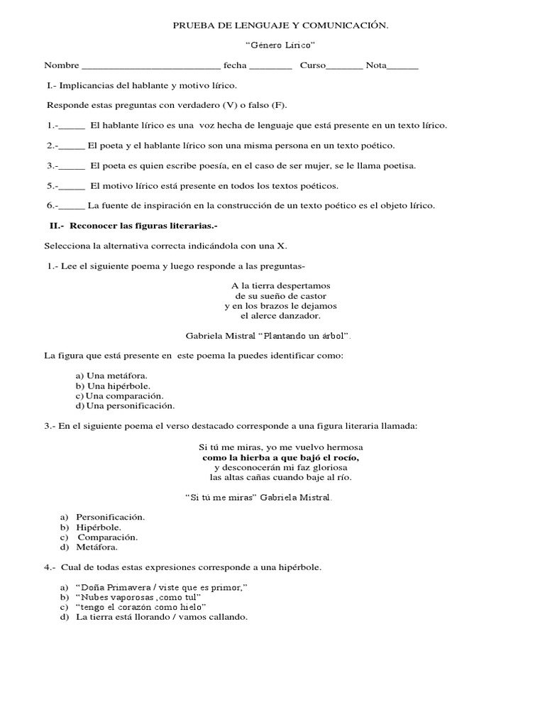 Prueba G Lirico 5tos | PDF | Metáfora | Poesía