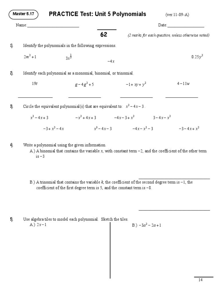 Unit 5 Polynomials PRACTICE Test (Ver.11-09-A) | PDF | Polynomial ...