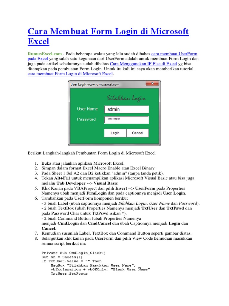 Cara Membuat Form Login Di Microsoft Excel | PDF | Metode & Bahan Ajar | Komputer