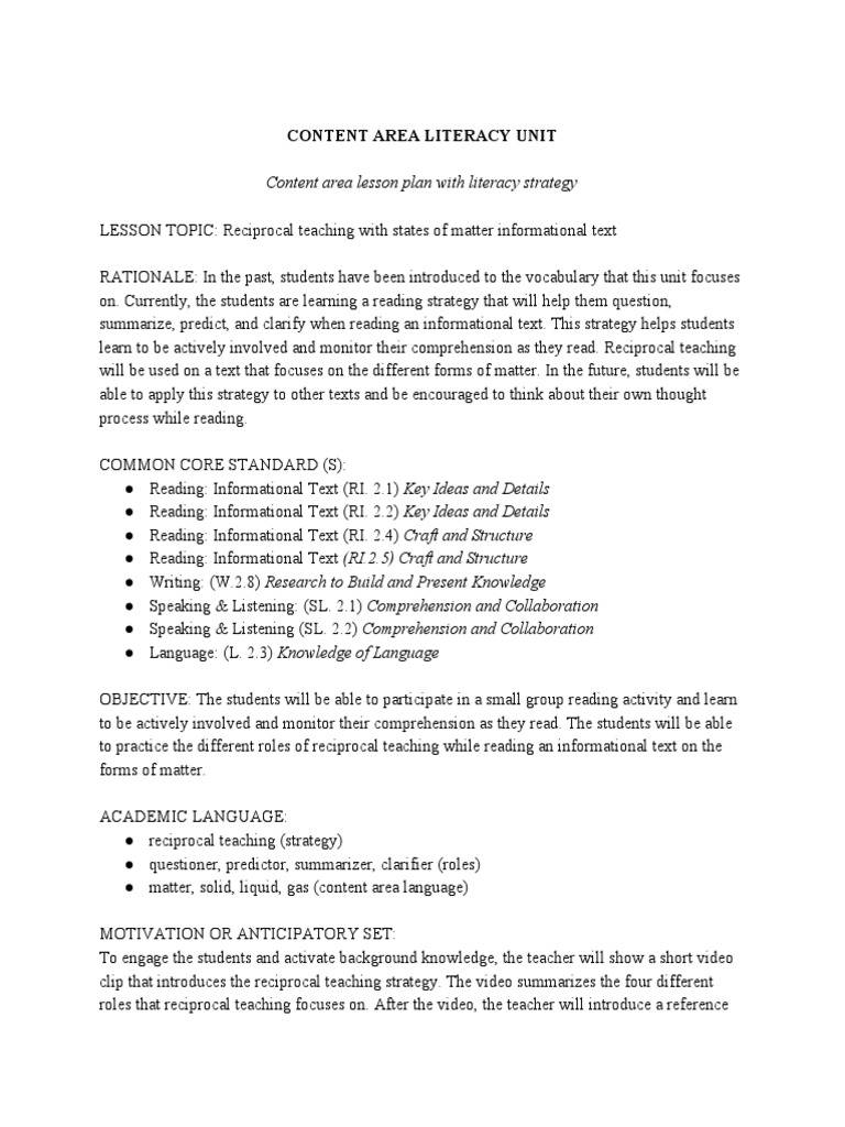 Content Area Lesson Plan With Literacy Strategy | PDF | Reading ...