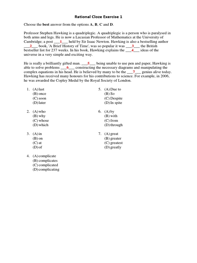 Rational Cloze Exercises Overview | PDF | Chicken | Stephen Hawking