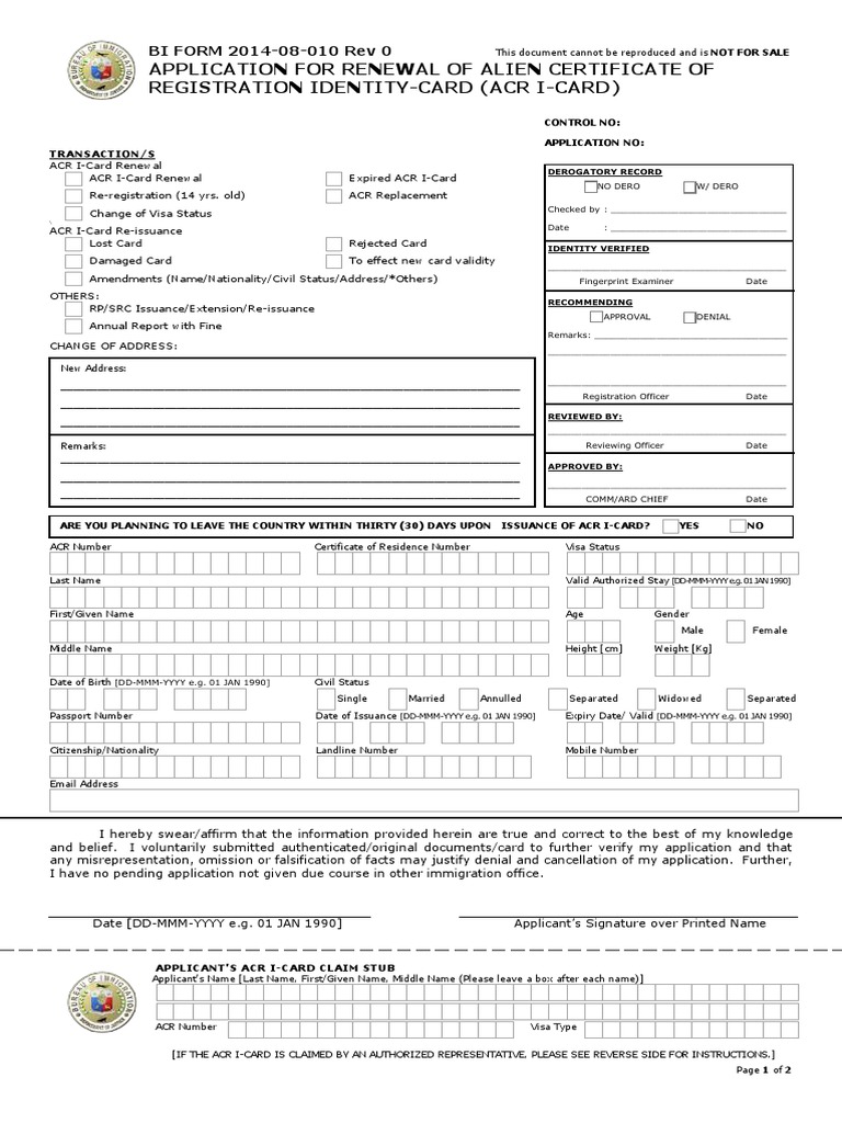 Application Form For Acr I-Card Renewal | Identity Document ...