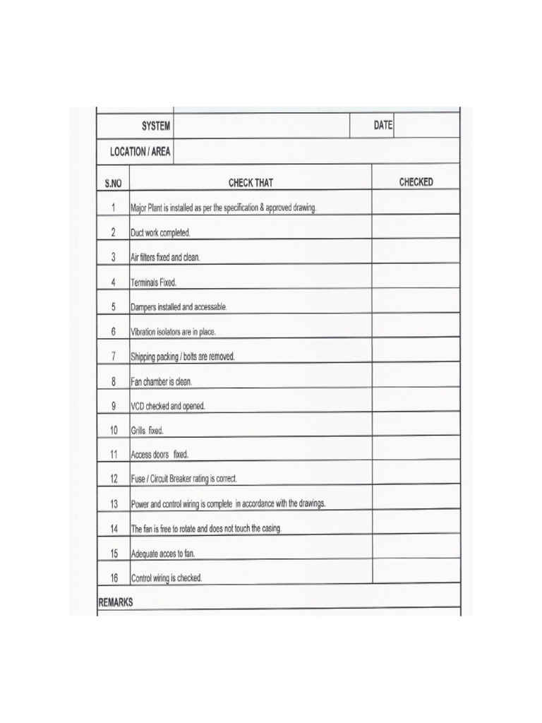 Pre Commissioning Check Test Sheet Fans