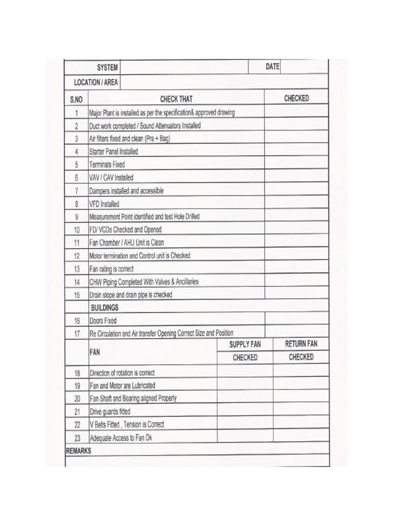 Pre Commissioning Check Test Sheet Air Handling Units