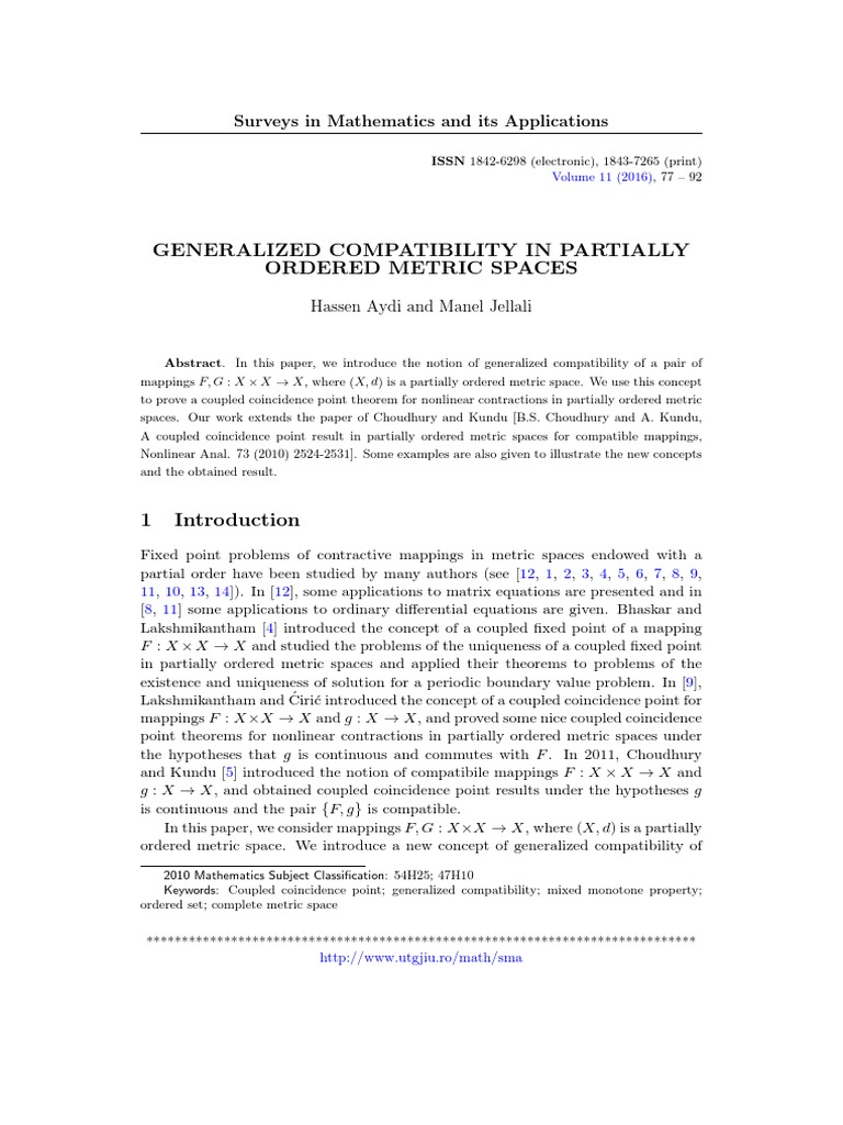 Generalized Compatibility in Partially Ordered Metric Spaces | PDF ...