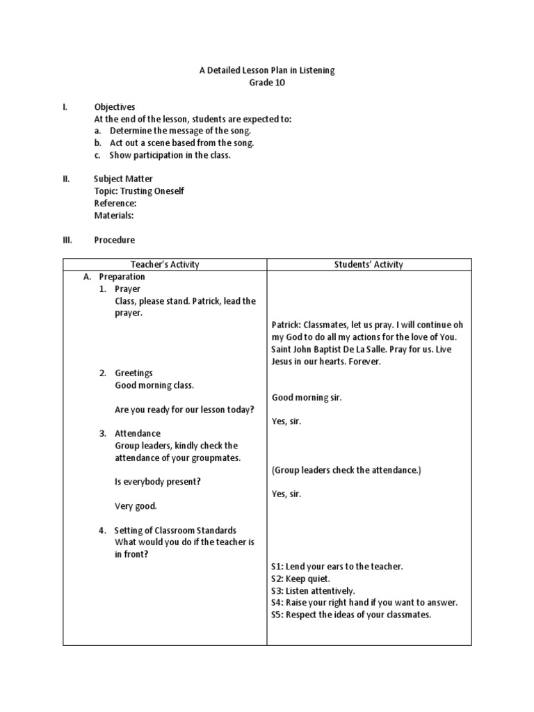 Grade 10 Listening Skills Lesson Plan | PDF | Lesson Plan ...