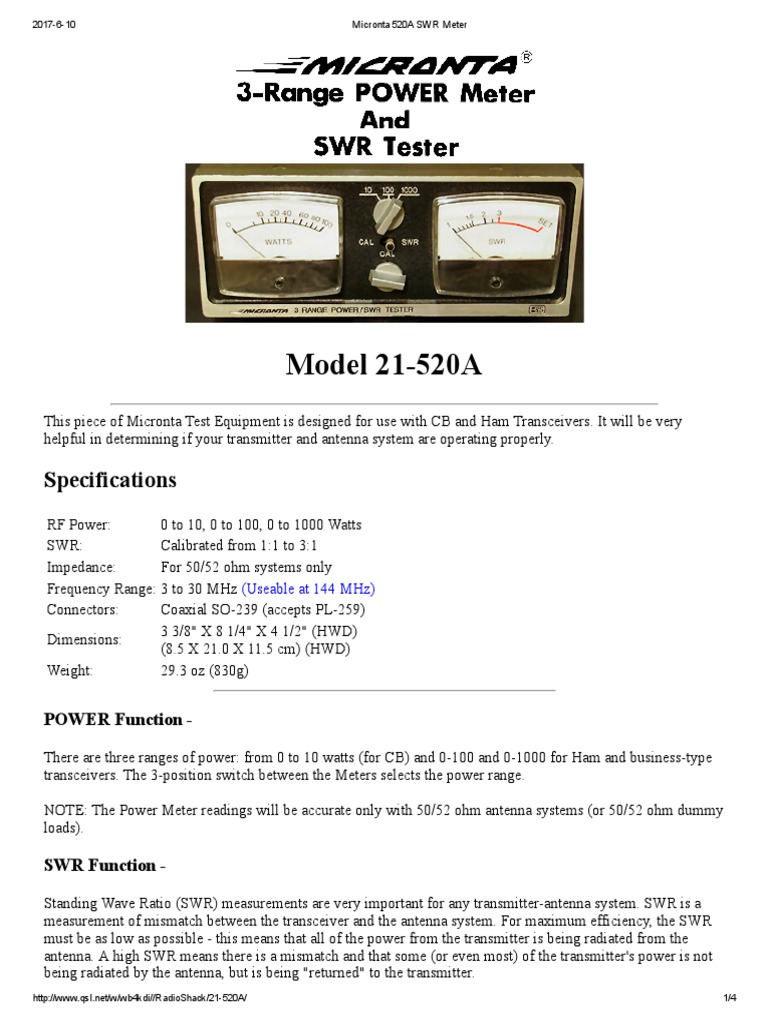 Micronta 520A SWR Meter | PDF | Antenna (Radio) | Electronics