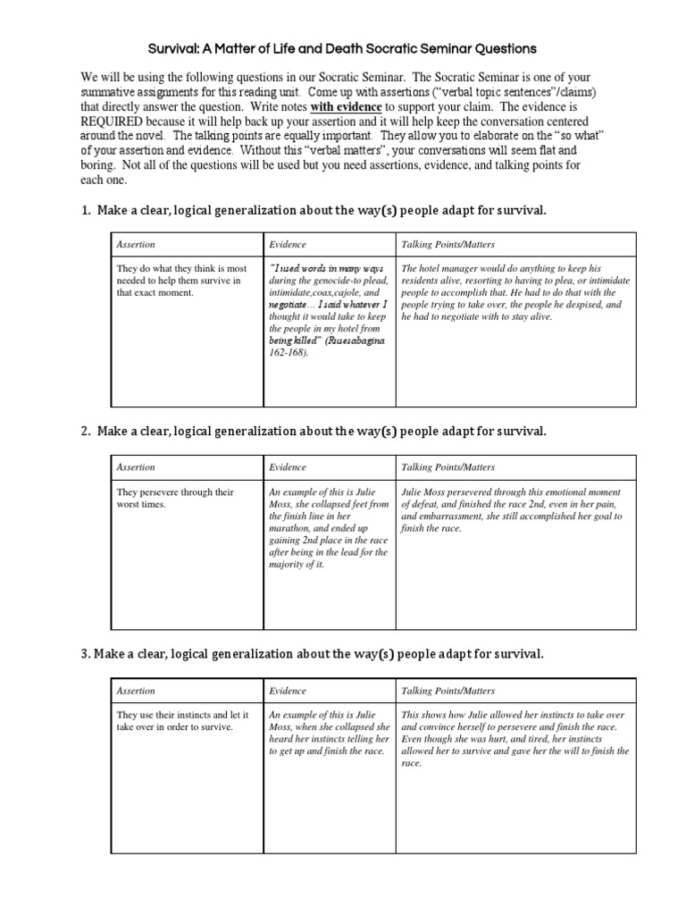 Socratic Seminar Questions on Survival | PDF | Faith