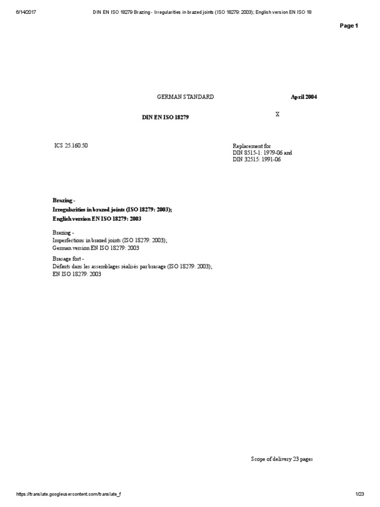 DIN en ISO 18279 Brazing - Irregularities in Brazed Joints (ISO 18279 - 2003) English Version en ...