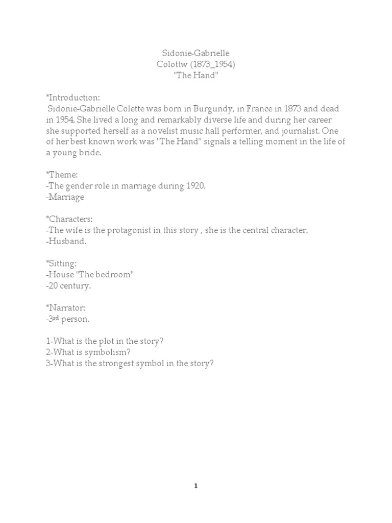 World Lit-The Hand Summary (Copied From Net) | PDF | Femininity ...