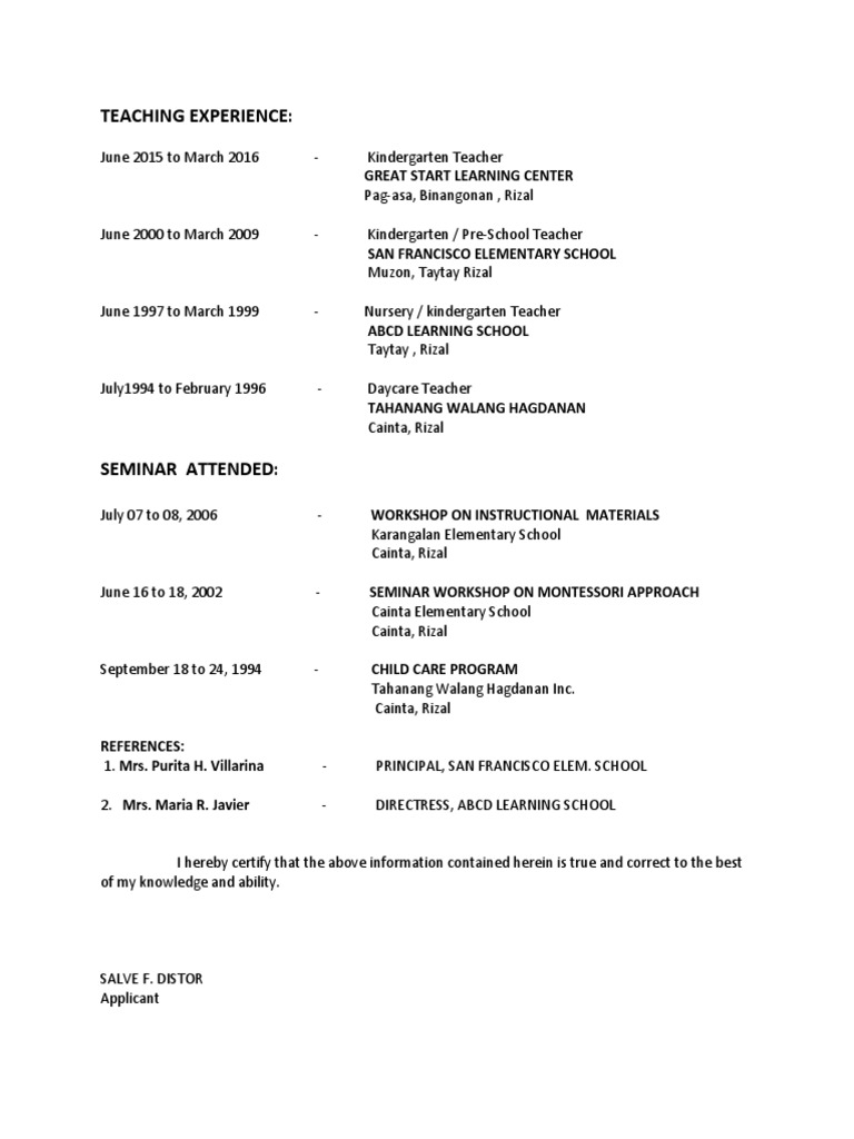 Teaching Experience:: Great Start Learning Center | PDF