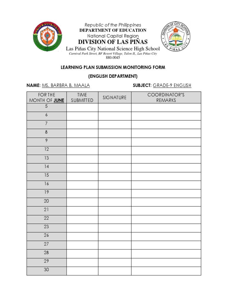 Lesson Plan Monitoring Form