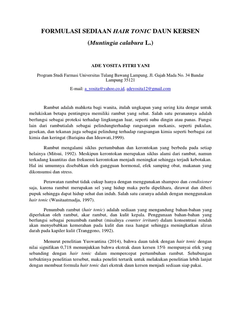 Formulasi Hair Tonic Ekstrak Daun Kersen | PDF