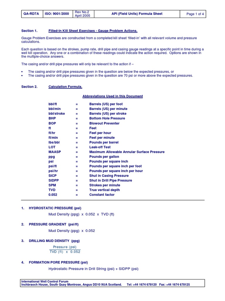 Formulas for Calculating Well Control Parameters During Drilling ...