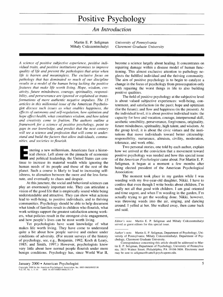 Seligman 2000 - Positive Psychology. An Introduction PDF | PDF