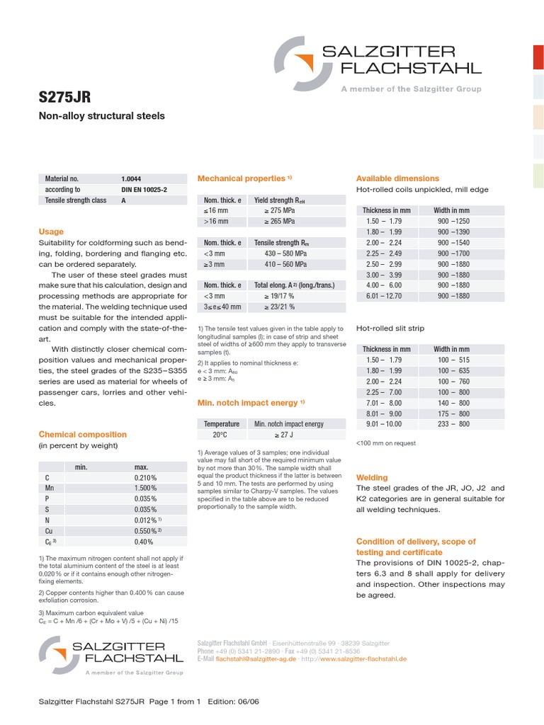 S275JR PDF | PDF | Rolling (Metalworking) | Strength Of Materials