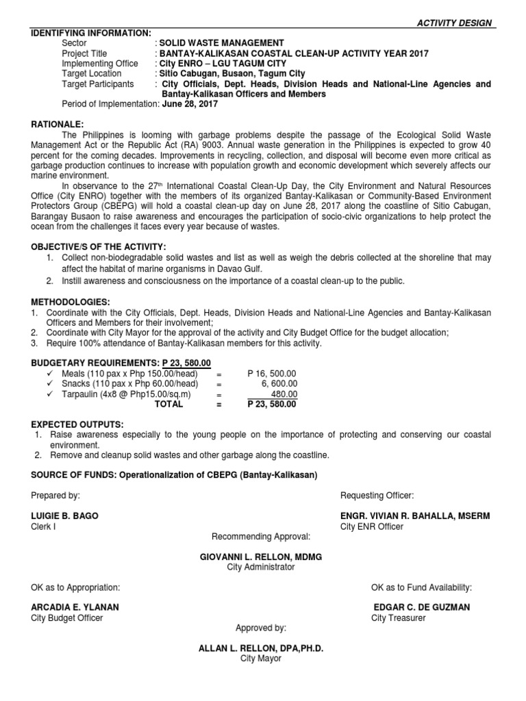 ACTIVITY DESIGN - Coastal Cleanup2017 | PDF | Coast | Waste