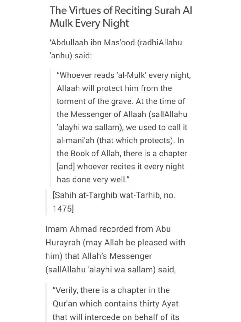Surah Mulk English Transliteration and Its Virtues