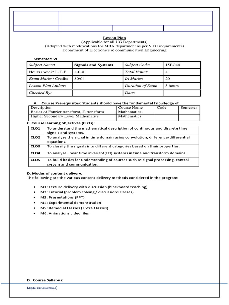 Lesson Plan Ss | PDF | Signal (Electrical Engineering) | Convolution