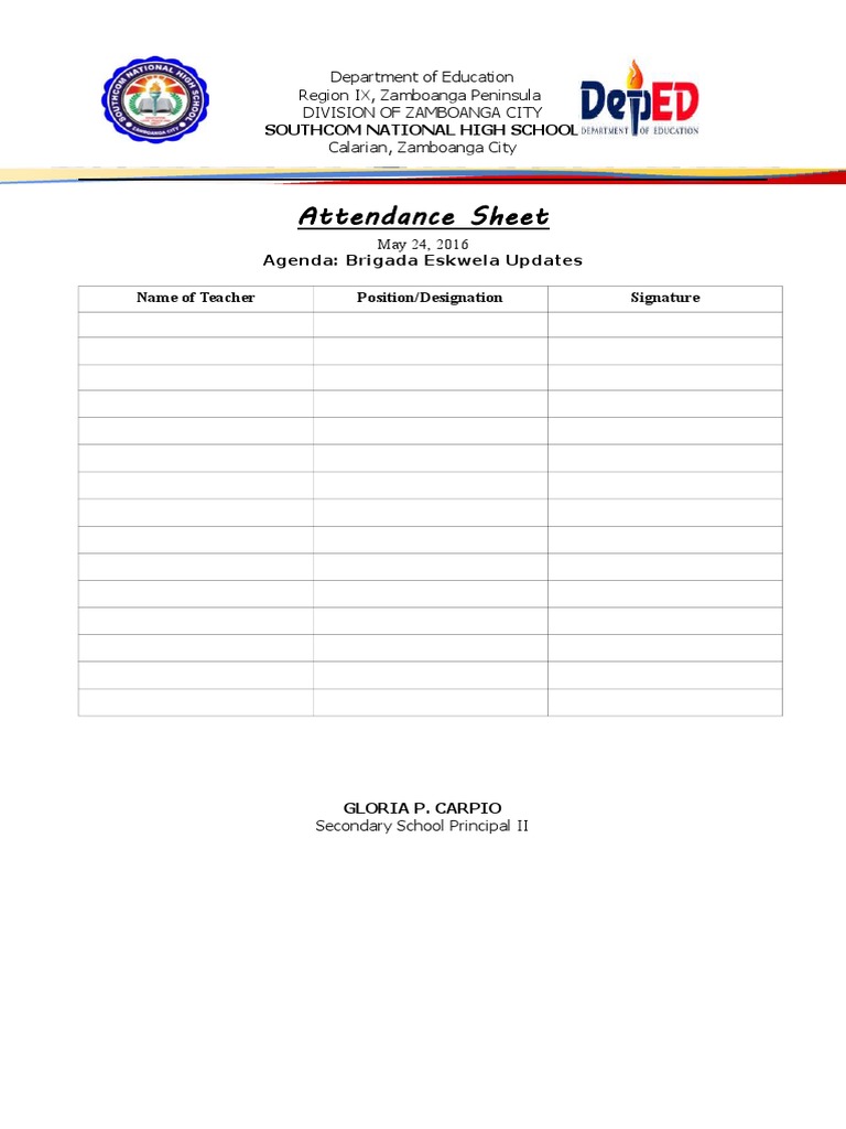 Attendance Sheet: Southcom National High School | PDF