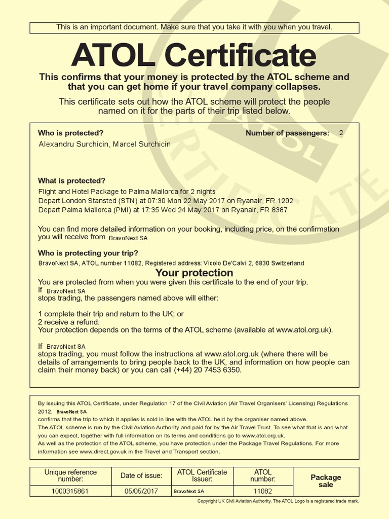 ATOL Package Certificate | PDF | Travel Agency | Aviation