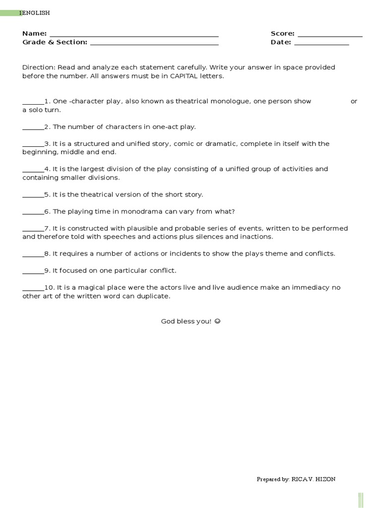 Name: Score: Grade & Section: Date:: 1english | PDF | General Fiction