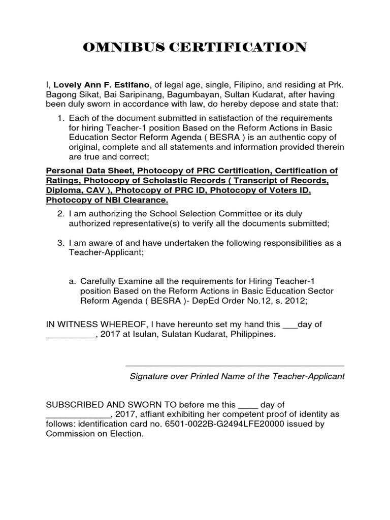 Omnibus Certification | PDF | Identity Document | Official Documents
