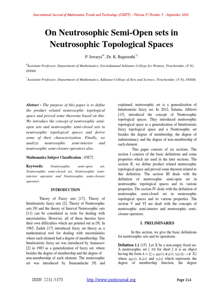 On Neutrosophic Semi-Open Sets in Neutrosophic Topological Spaces | PDF | Theorem | Topology