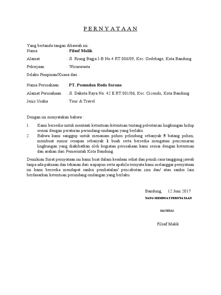 Surat Pernyataan Lingkungan Hidup | PDF