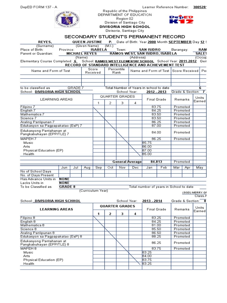 New Form 137 A.xlsx | Secondary School | Curriculum | Free 30-day Trial ...