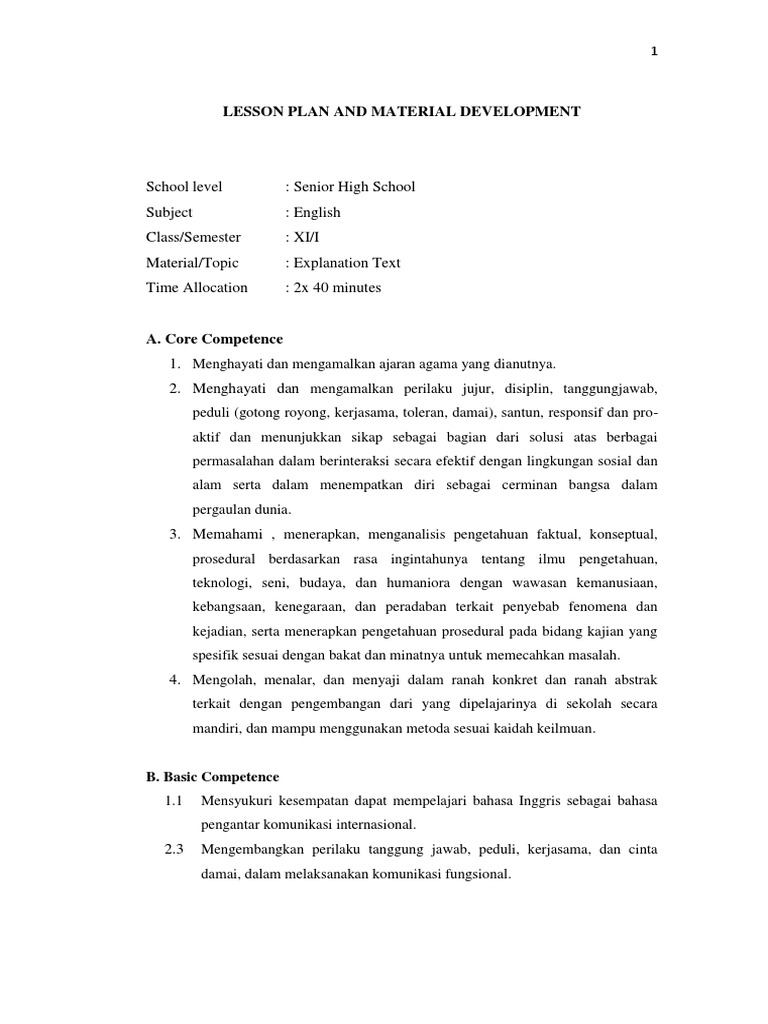 Lesson Plan and Material Development Explanation Text SMA | PDF ...