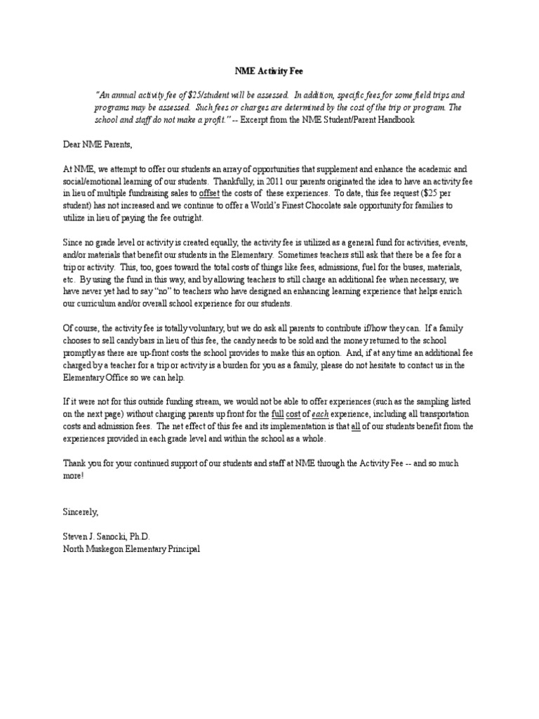 Activity Fee Letter | PDF | Fee | Curriculum