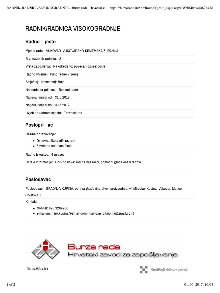 RADNIK-RADNICA VISOKOGRADNJE - Burza Rada, Hrvatski Zavod Za ...