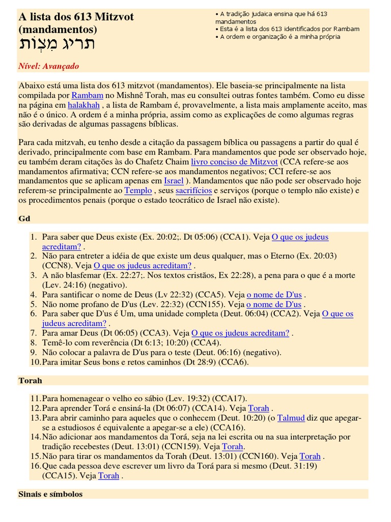 Lista dos 613 Mitzvot Judaicos | PDF | Páscoa judaica | Idolatria