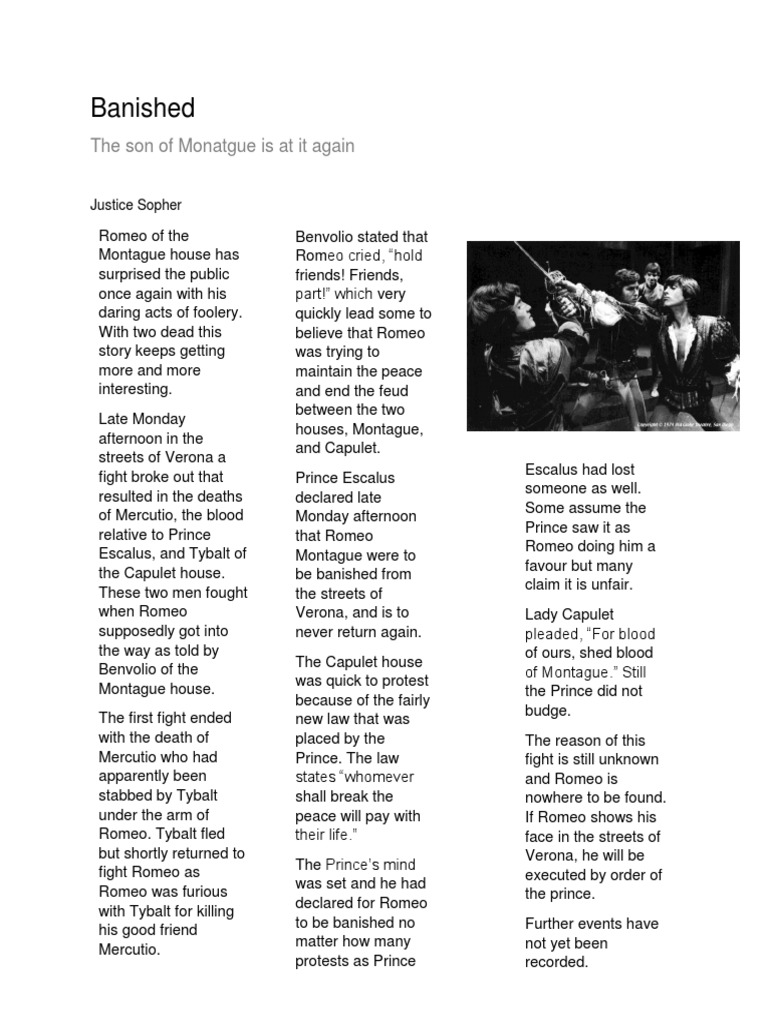 Banished Newspaper Article | PDF | Characters In Romeo And Juliet ...