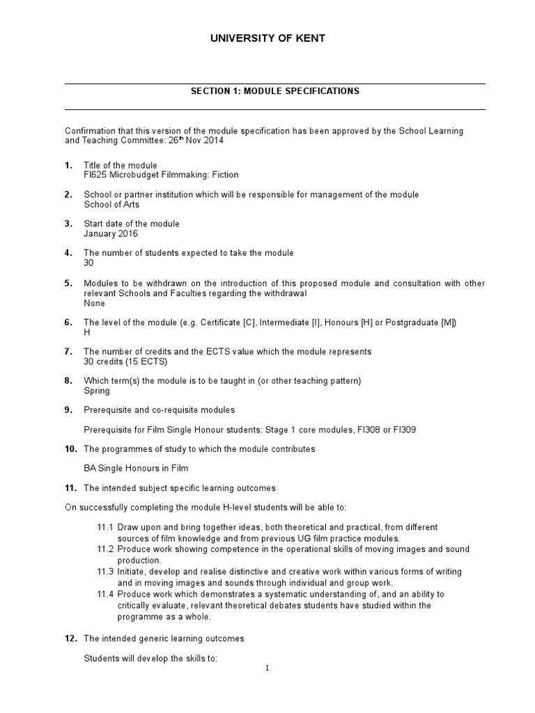 University of Kent: Section 1: Module Specifications | PDF | Learning ...